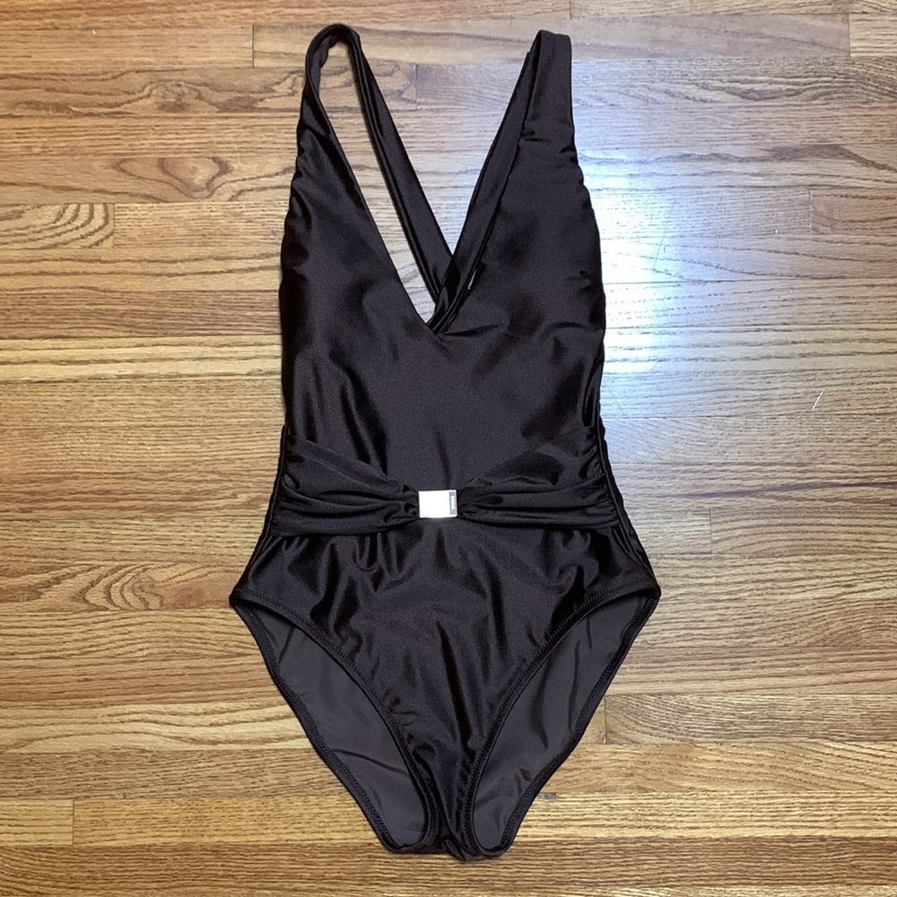 L’agence Swimsuit - Dark Brown V Plunge One Piece Bat… - Gem